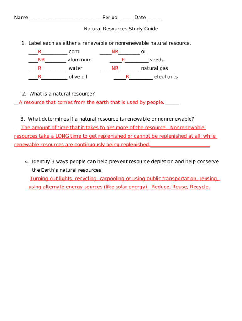 Natural Resources Study Guide Doc Template | pdfFiller