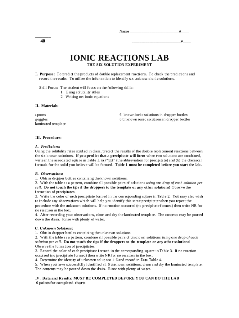 IONIC REACTIONS LAB Doc Template | pdfFiller