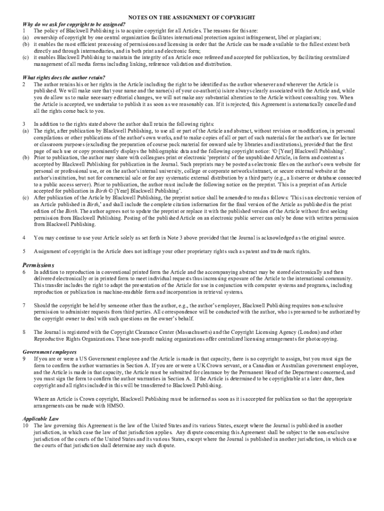 Fillable Online NOTES ON THE ASSIGNMENT OF COPYRIGHT Why do we ask Fax ...