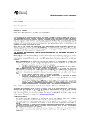 Fillable Online Applied Psychology: Exclusive License Form Fax Email ...