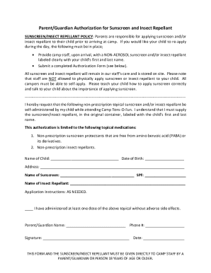 Fillable Online Parent/Guardian Authorization for Sunscreen and Insect ...