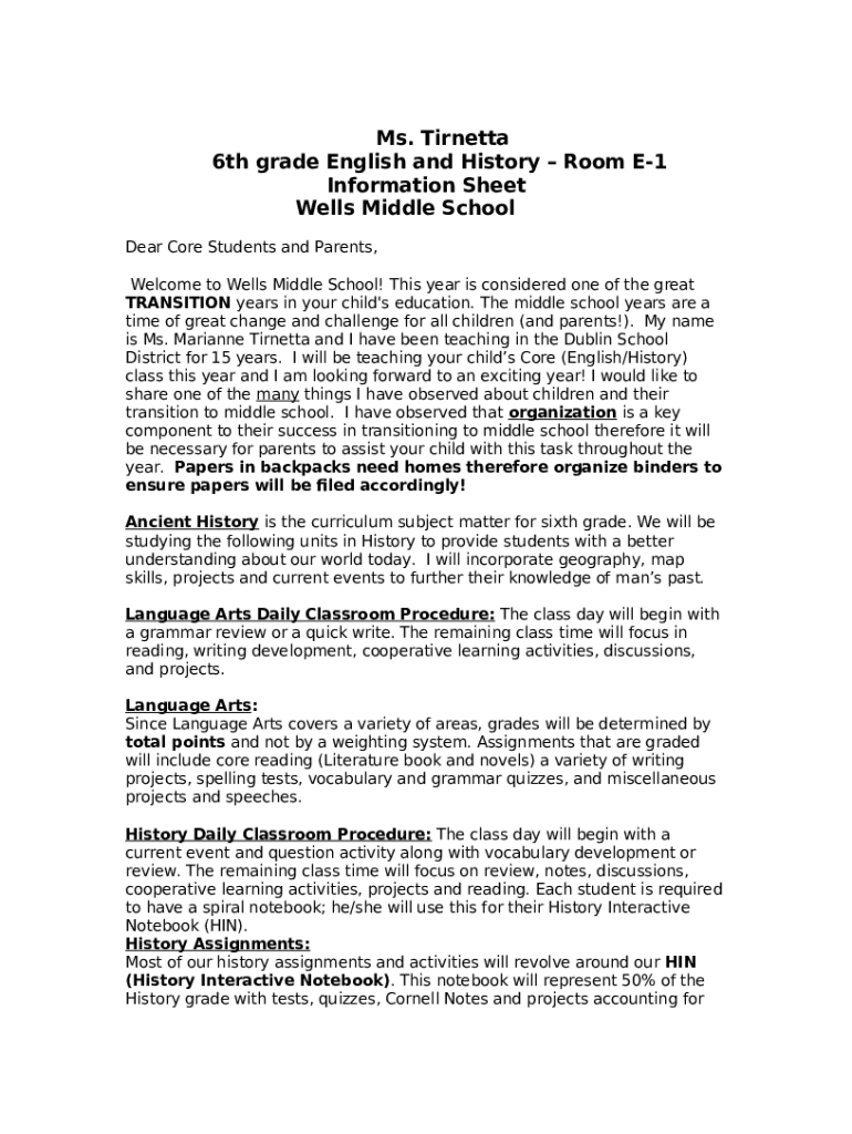 6th Grade English And History Room E 1 Doc Template PdfFiller