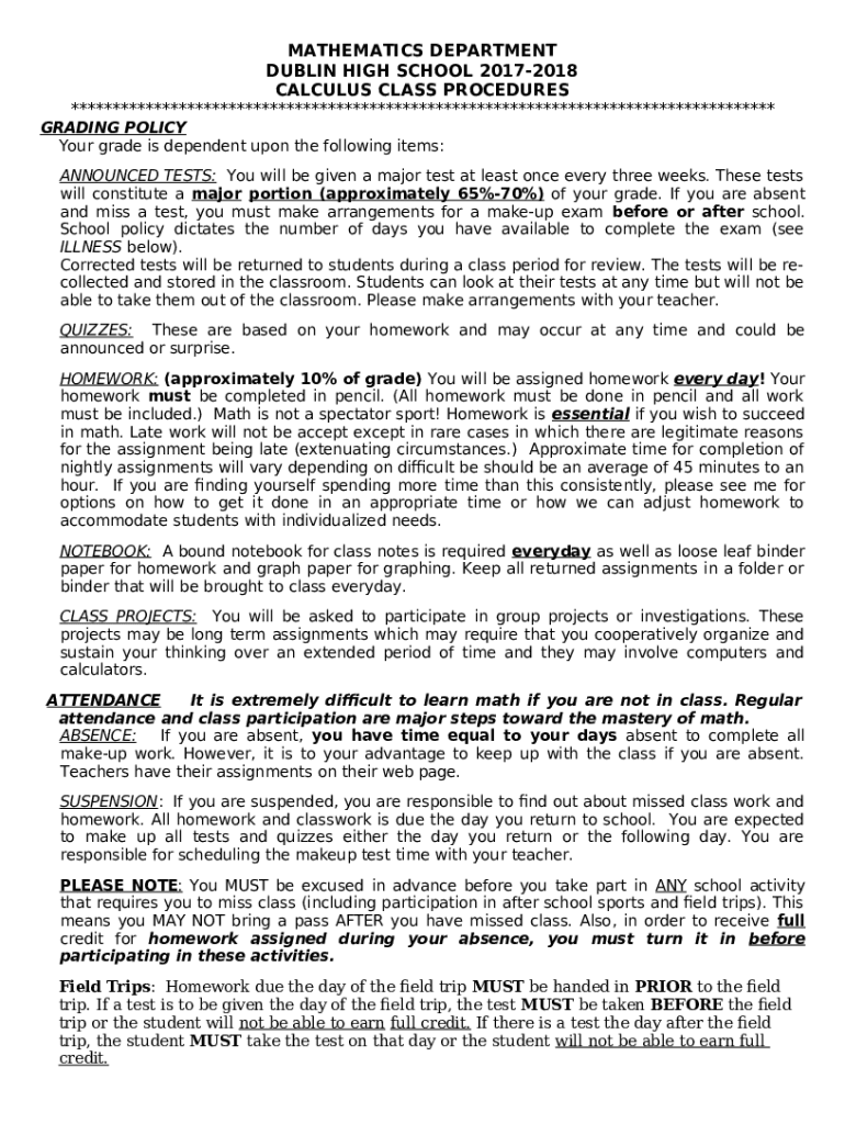Calculus CLASS PROCEDURES Doc Template | pdfFiller