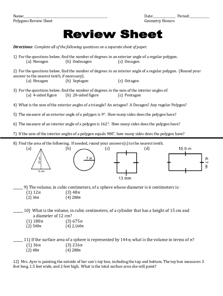 Fillable Online Name: Date: Period: Polygons Review Sheet Geometry ...