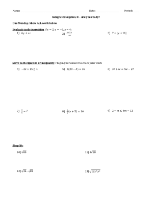 Fillable Online Integrated Algebra II Due Monday. Show ALL work below ...