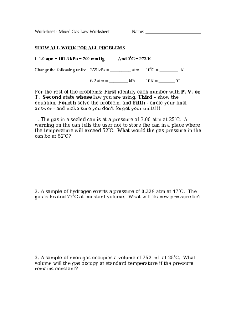 Mixed Gas Laws Worksheet Doc Template PdfFiller
