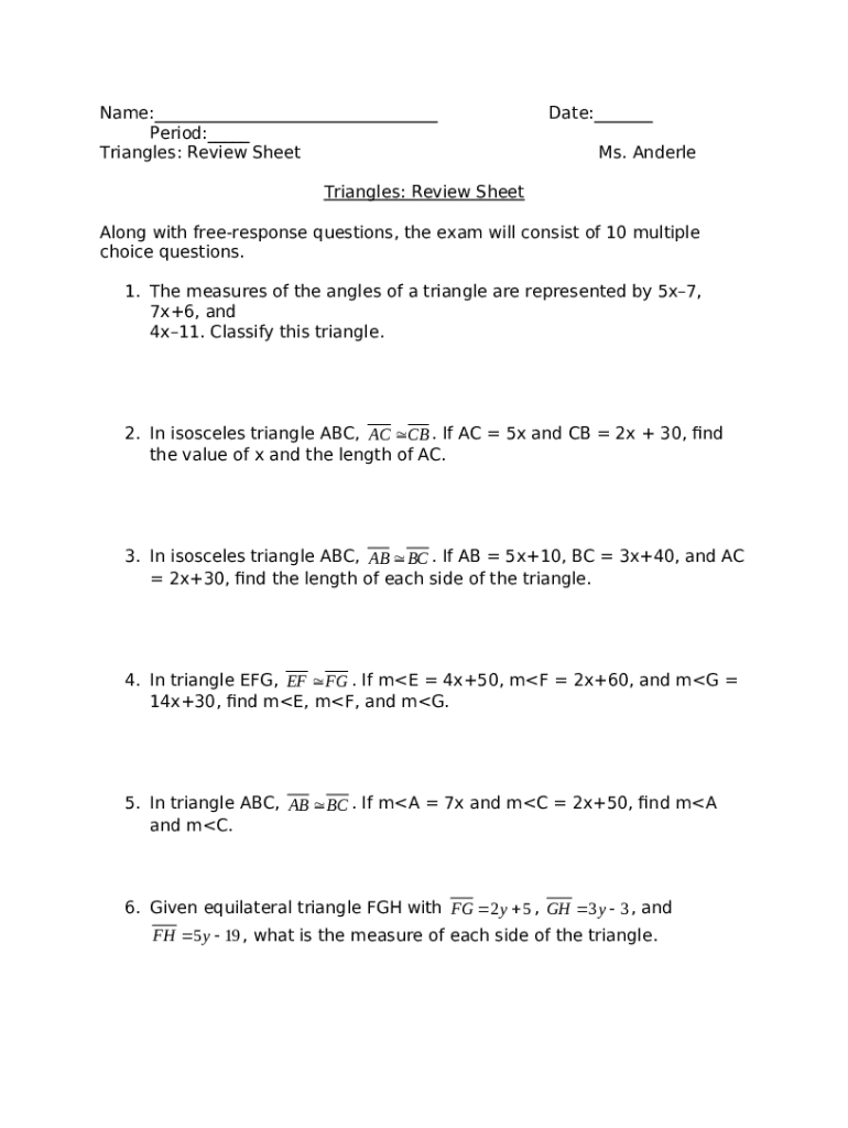 Triangles: Review SheetMs Doc Template | pdfFiller
