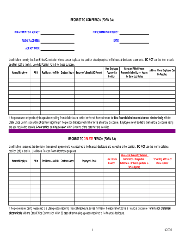 Fillable Online REQUEST TO ADD PERSON (FORM 9A) REQUEST TO DELETE ...