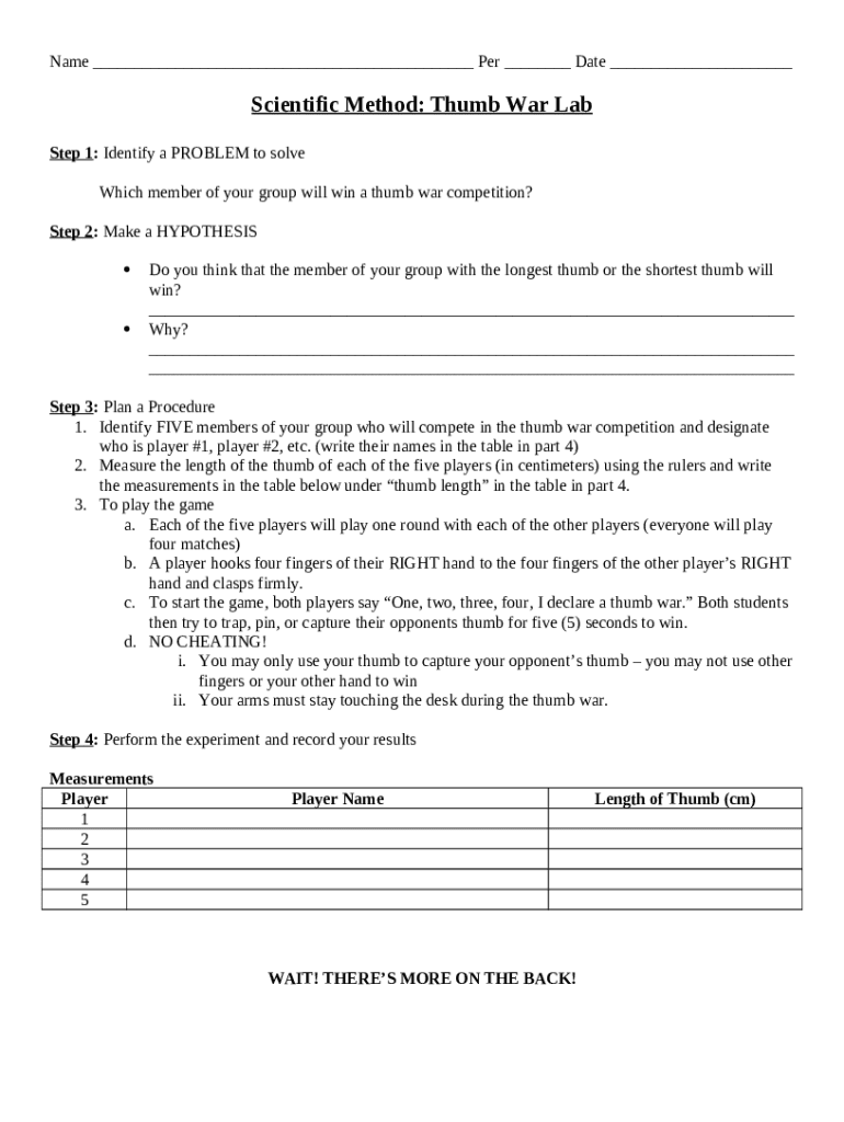 Scientific Method: Thumb War Lab Doc Template | pdfFiller