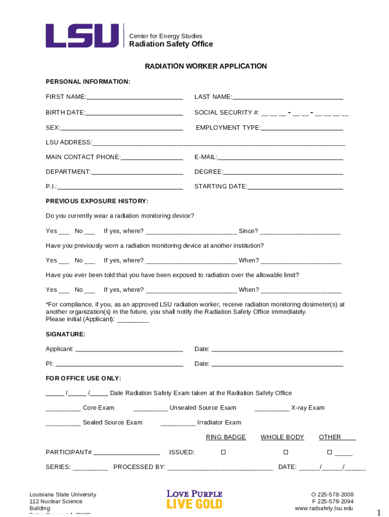 RADIATION WORKER APPLICATION Doc Template | pdfFiller