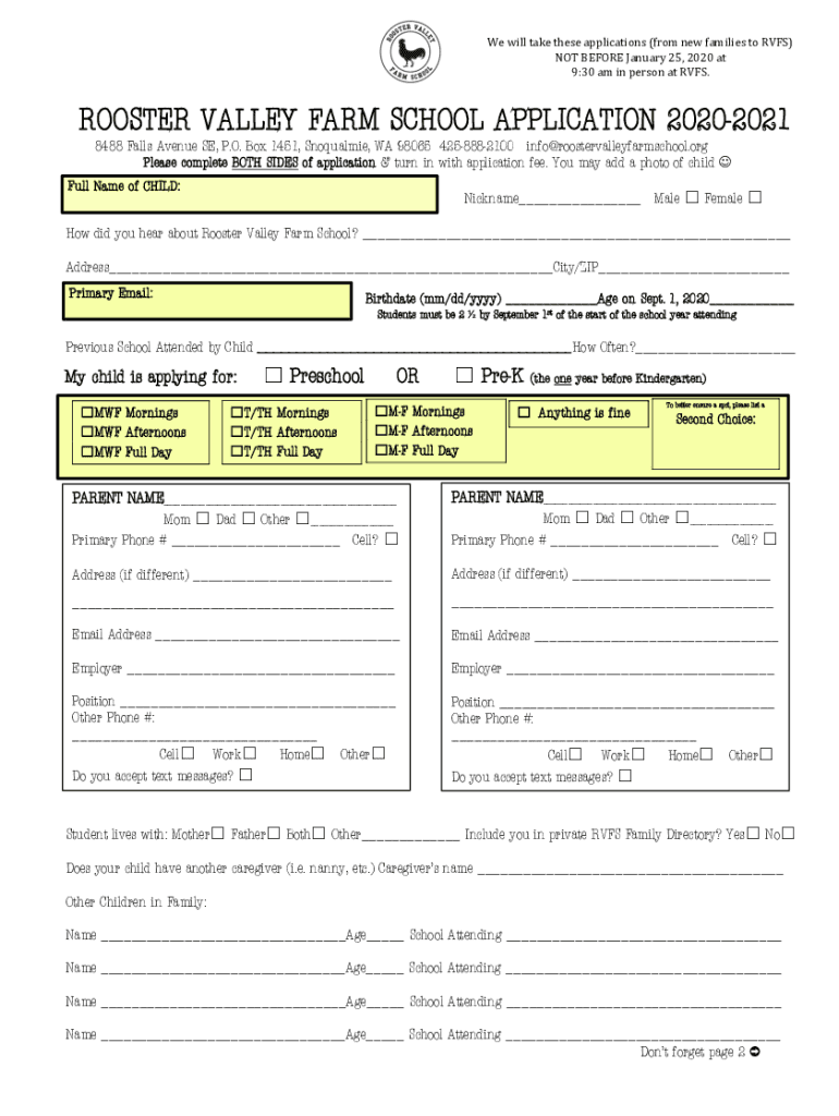 Fillable Online ROOSTER VALLEY FARM SCHOOL APPLICATION 2020-2021 Fax ...