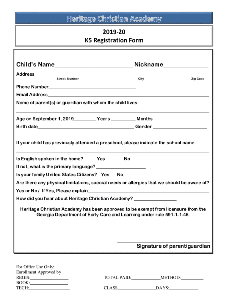 Fillable Online 2019-20 K5 Registration Form Fax Email Print - pdfFiller