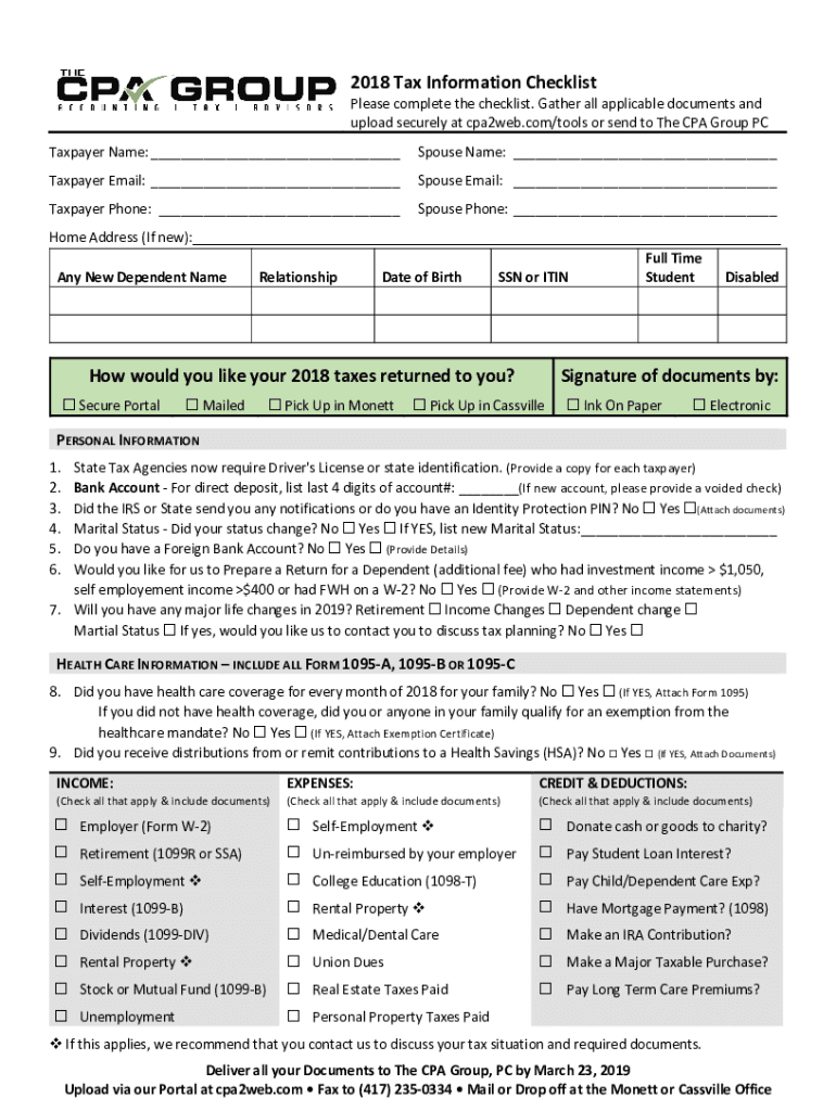 Fillable Online 2018 Tax Information Checklist - irp-cdn ...