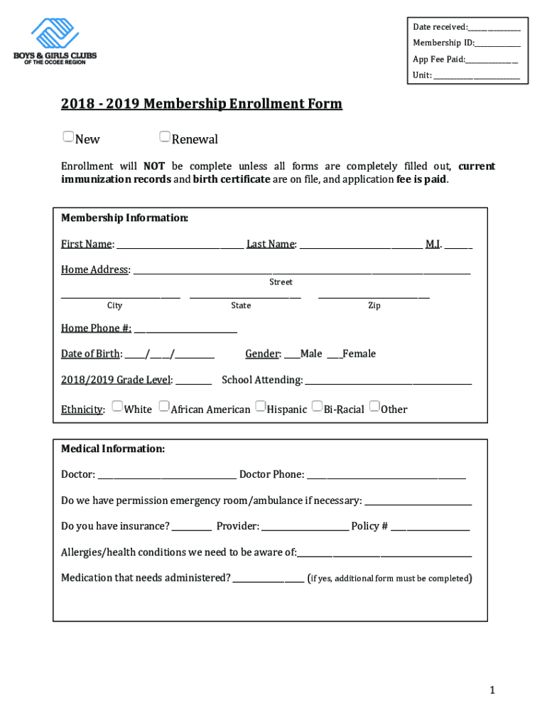 Fillable Online 2018-2019 Membership Enrollment Form Fax Email Print ...