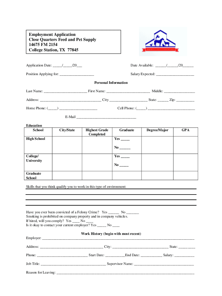Fillable Online Employment Application Close Quarters Feed and Pet ...