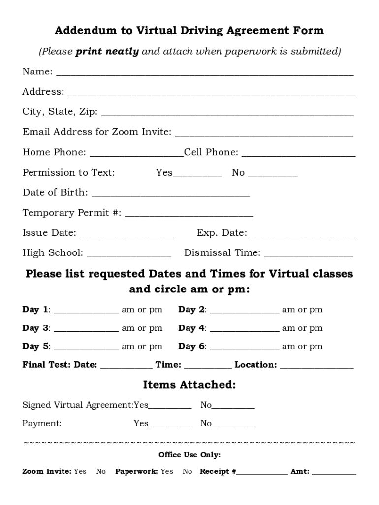 Fillable Online Addendum to Virtual Driving Agreement Form Fax Email ...