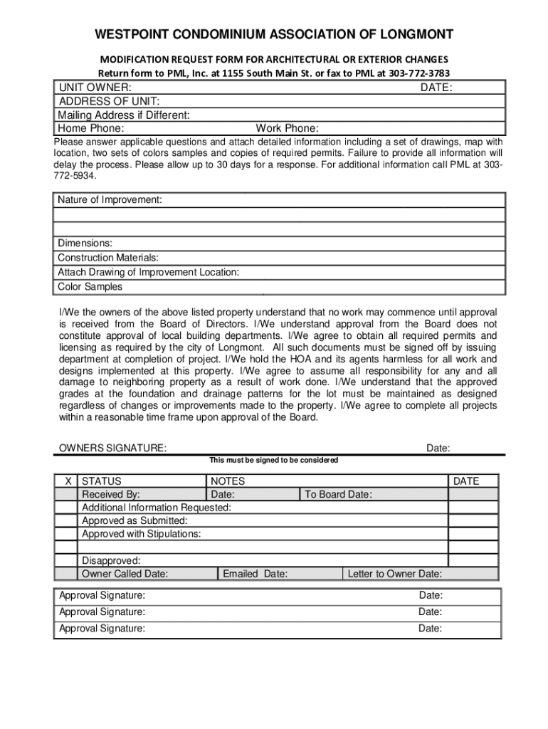 Fillable Online MODIFICATION REQUEST FORM FOR ARCHITECTURAL OR Fax ...