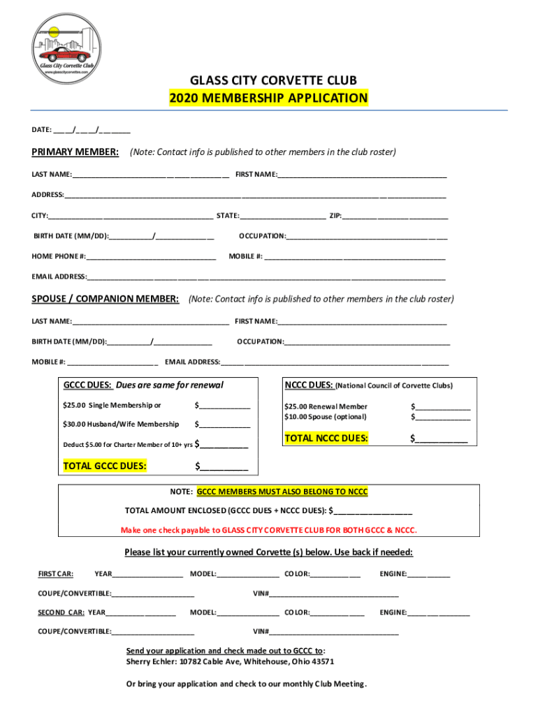 Fillable Online GLASS CITY CORVETTE CLUB 2020 MEMBERSHIP APPLICATION ...