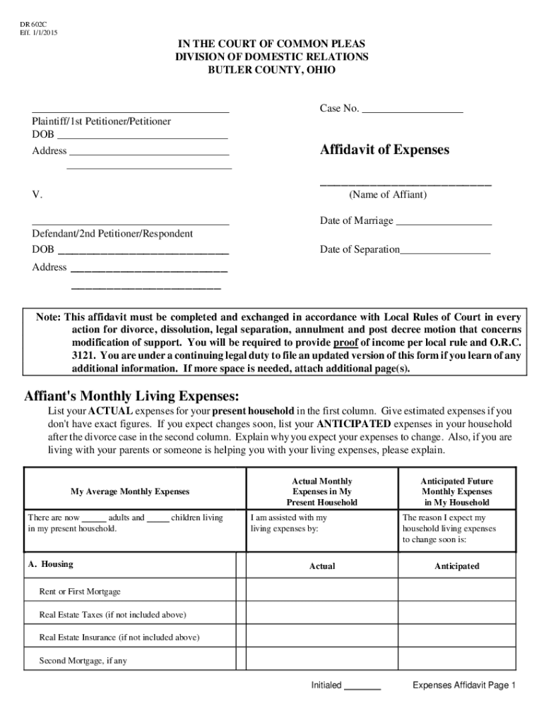 Fillable Online Affidavit of Expenses - Butler County Court of Common ...