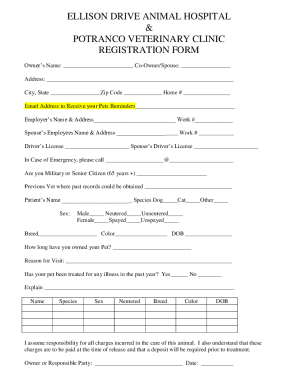 Fillable Online ELLISON DRIVE ANIMAL HOSPITAL REGISTRATION FORM Fax ...