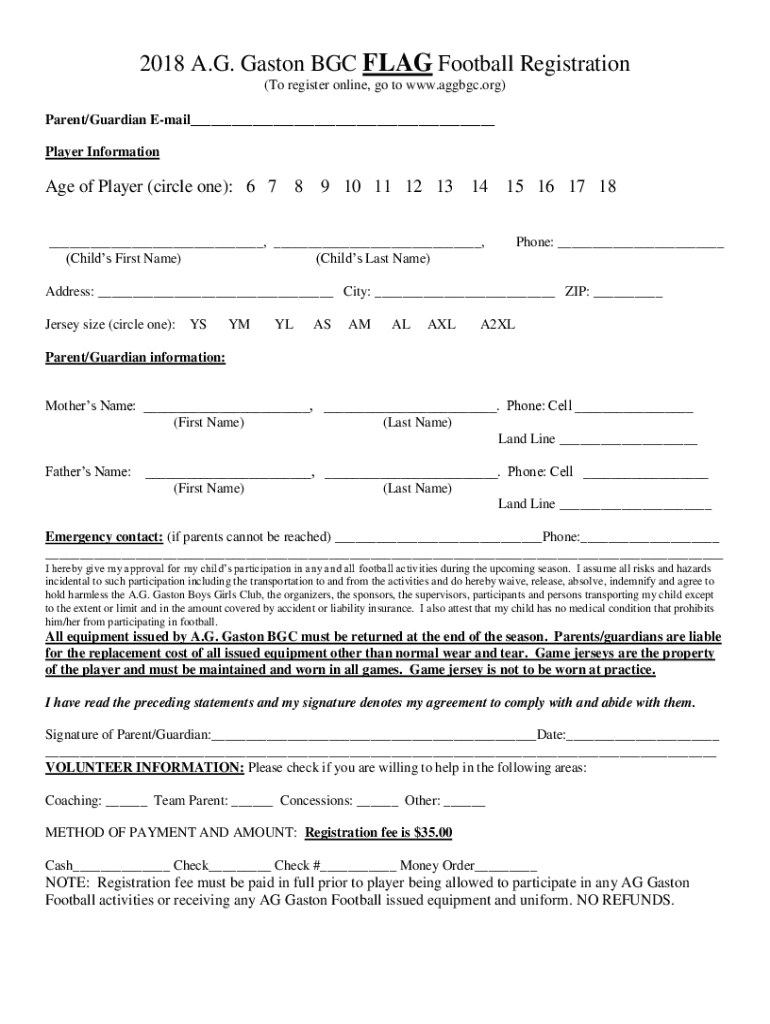 Fillable Online 2018 Flag Football Registration Form Fax Email Print ...