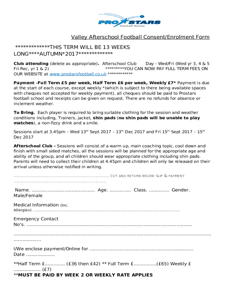 Valley Afterschool Football Consent/Enrolment Doc Template | pdfFiller