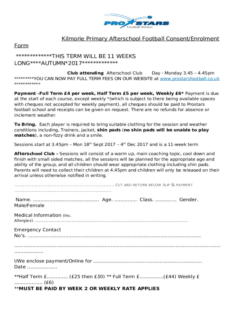 Kilmorie Primary Afterschool Football Consent/Enrolment Doc Template ...