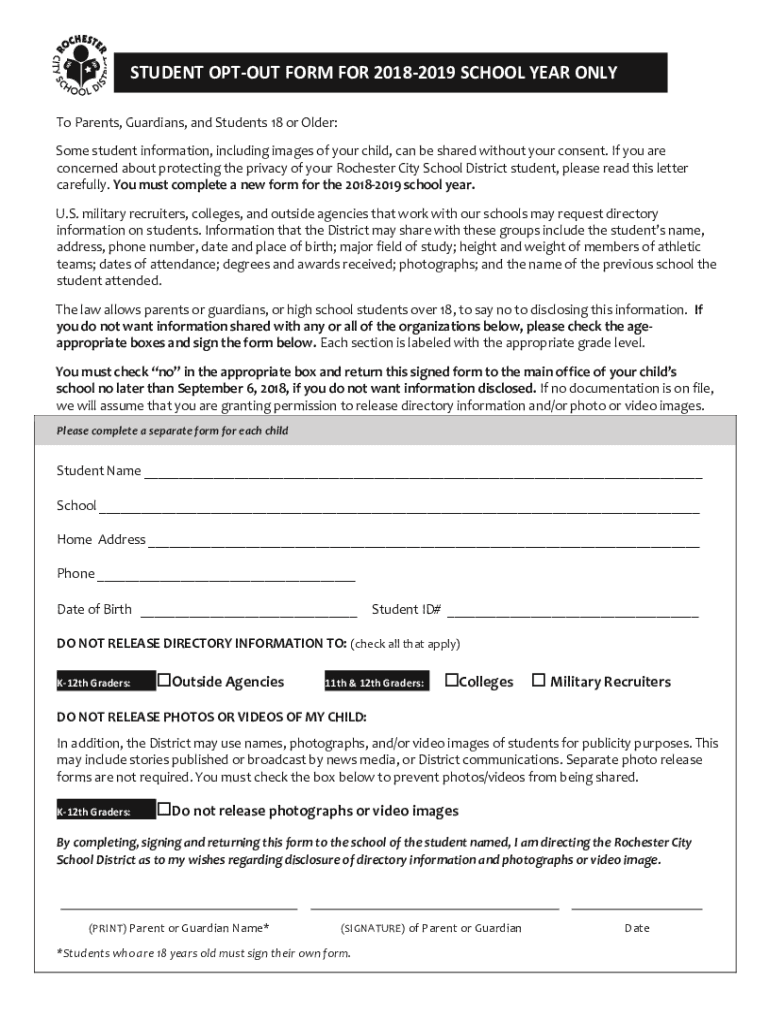 Fillable Online STUDENT OPT-OUT FORM FOR 2018-2019 SCHOOL YEAR Fax ...