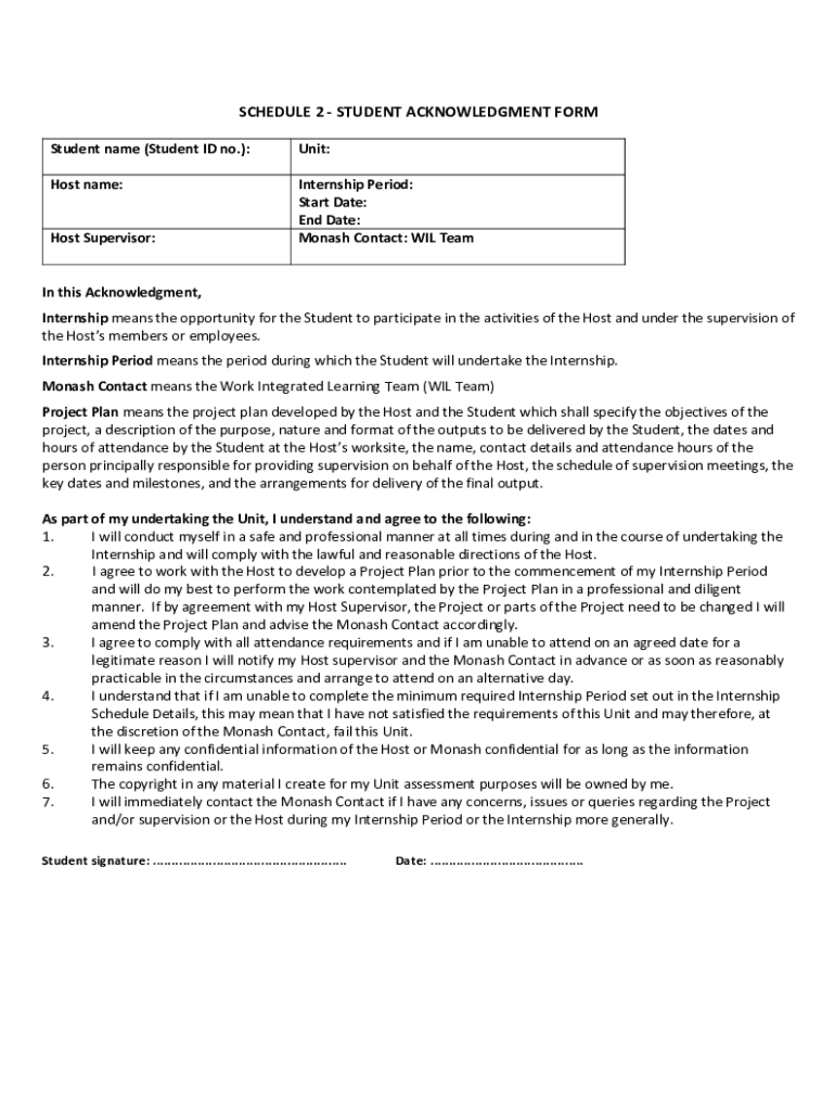 Fillable Online SCHEDULE 2 - STUDENT ACKNOWLEDGMENT FORM Fax Email ...