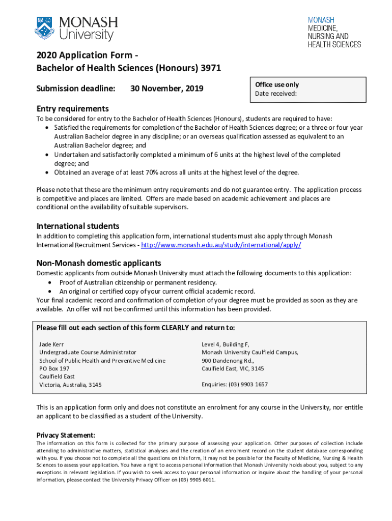 Fillable Online 2020 Application Form Bachelor of Health Sciences ...