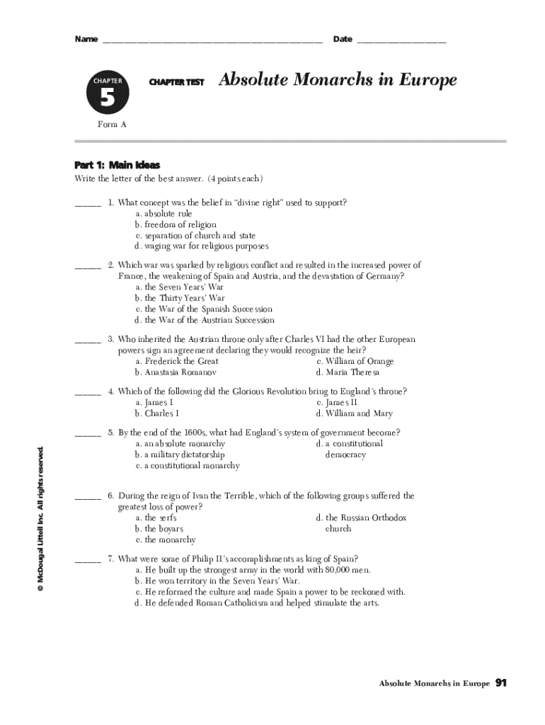 Fillable Online CHAPTER CHAPTER TEST Absolute Monarchs in Europe Fax ...
