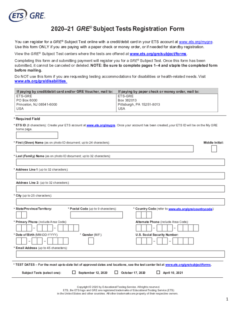 Fillable Online GRE 2021 Application form: Registration Dates, Fee, How ...