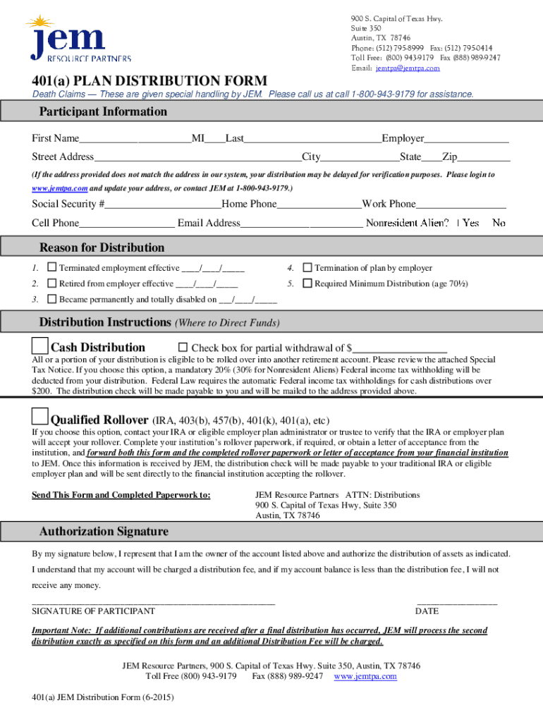 Fillable Online Fillable Online 401a TERRP PLAN DISTRIBUTION FORM ...