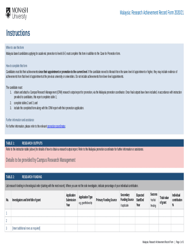 Malaysia: Research Achievement Record - Monash ... Doc Template | pdfFiller