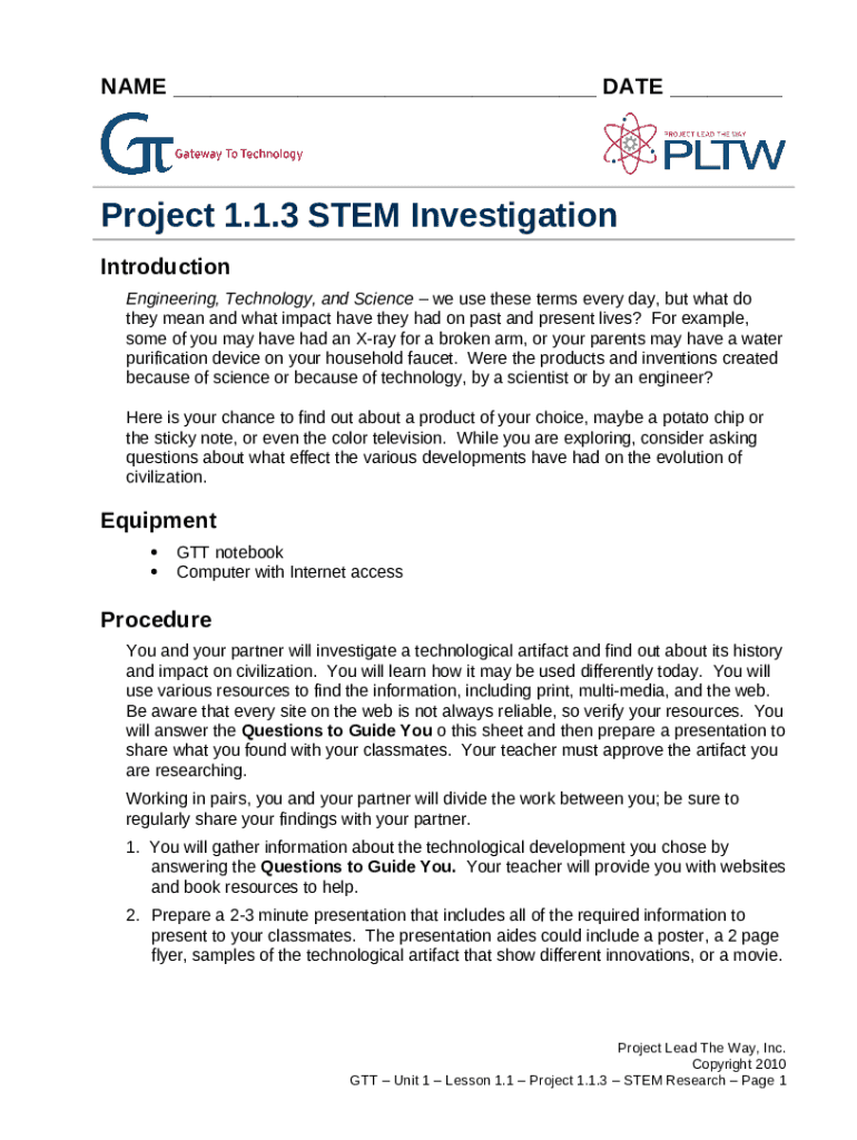 Project 1.1.3 STEM Research. GTT - Unit 1 - Lesson 1.1 - What is ...