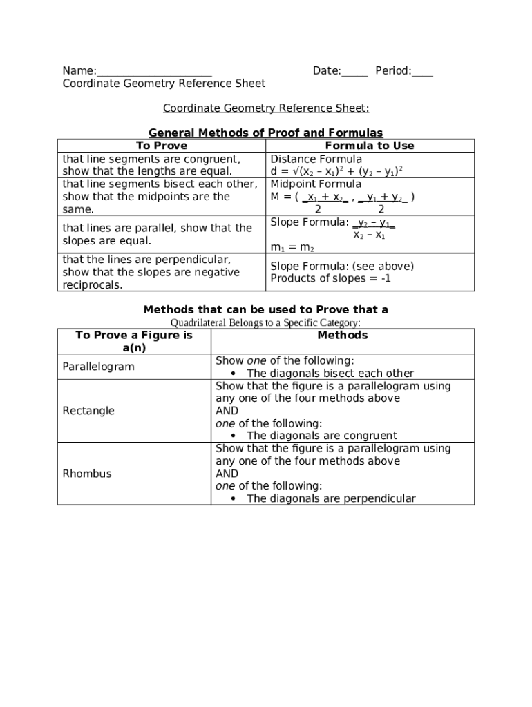 Coordinate Geometry Reference Sheet: Doc Template | pdfFiller