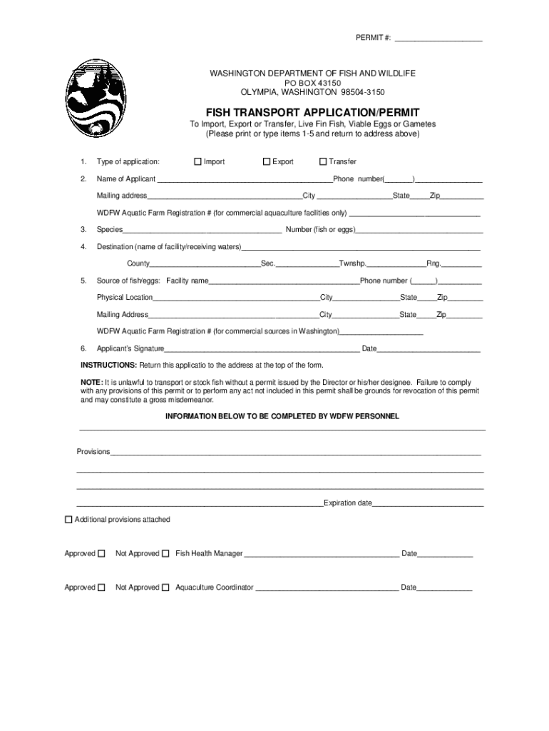 Fillable Online wdfw wa FISH TRANSPORT APPLICATION/PERMIT Fax Email ...