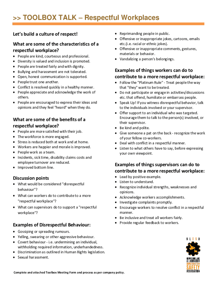 Fillable Online TOOLBOX TALK Respectful Workplaces Fax Email Print ...
