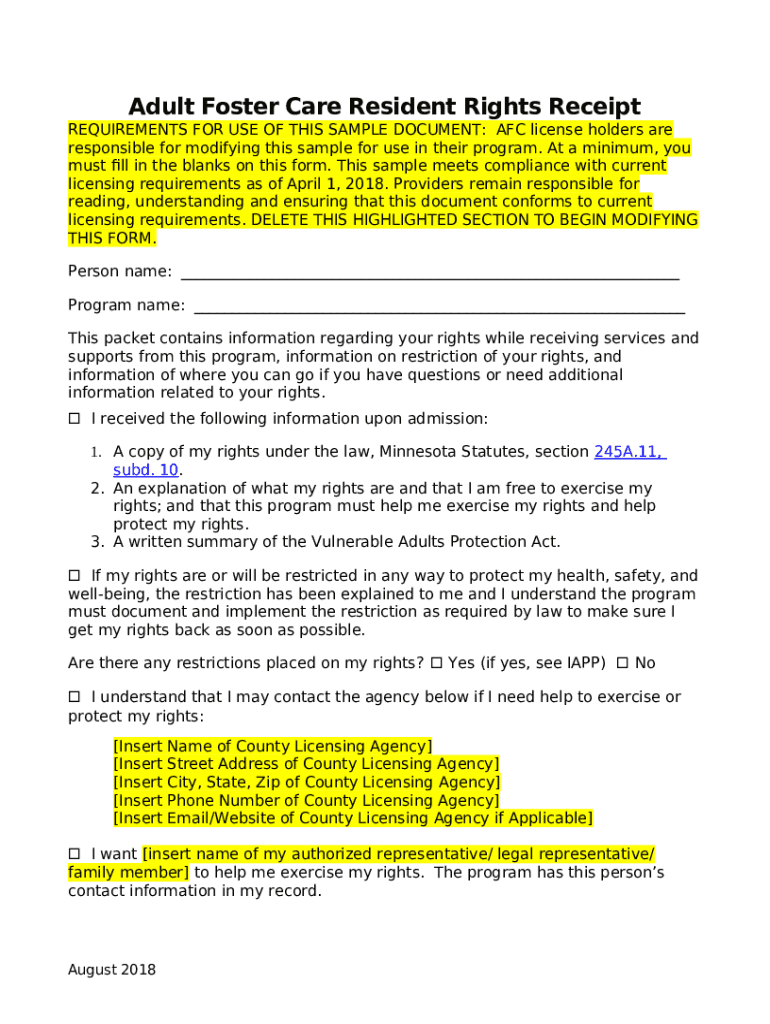 D30 Adult Foster Care Resident Rights Doc Template | pdfFiller