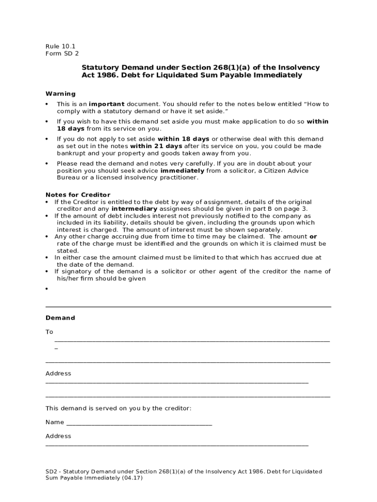 SD2R: Statutory Demand under Section 268(1)(a) of the ... Doc Template ...