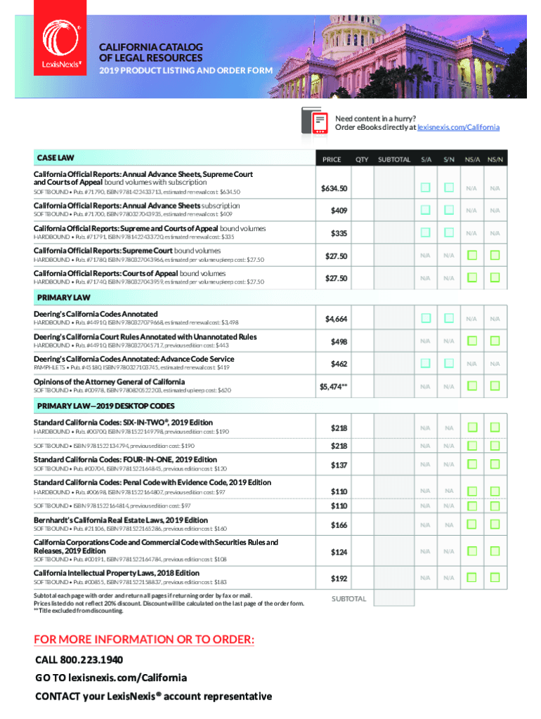 Fillable Online 2019 PRODUCT LISTING AND ORDER FORM - LexisNexis Fax ...