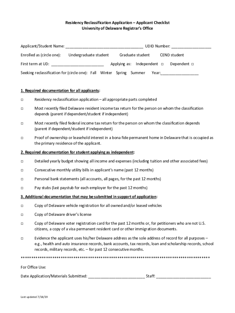 Fillable Online Residency Reclassification Application Applicant ... Fax Email Print - pdfFiller
