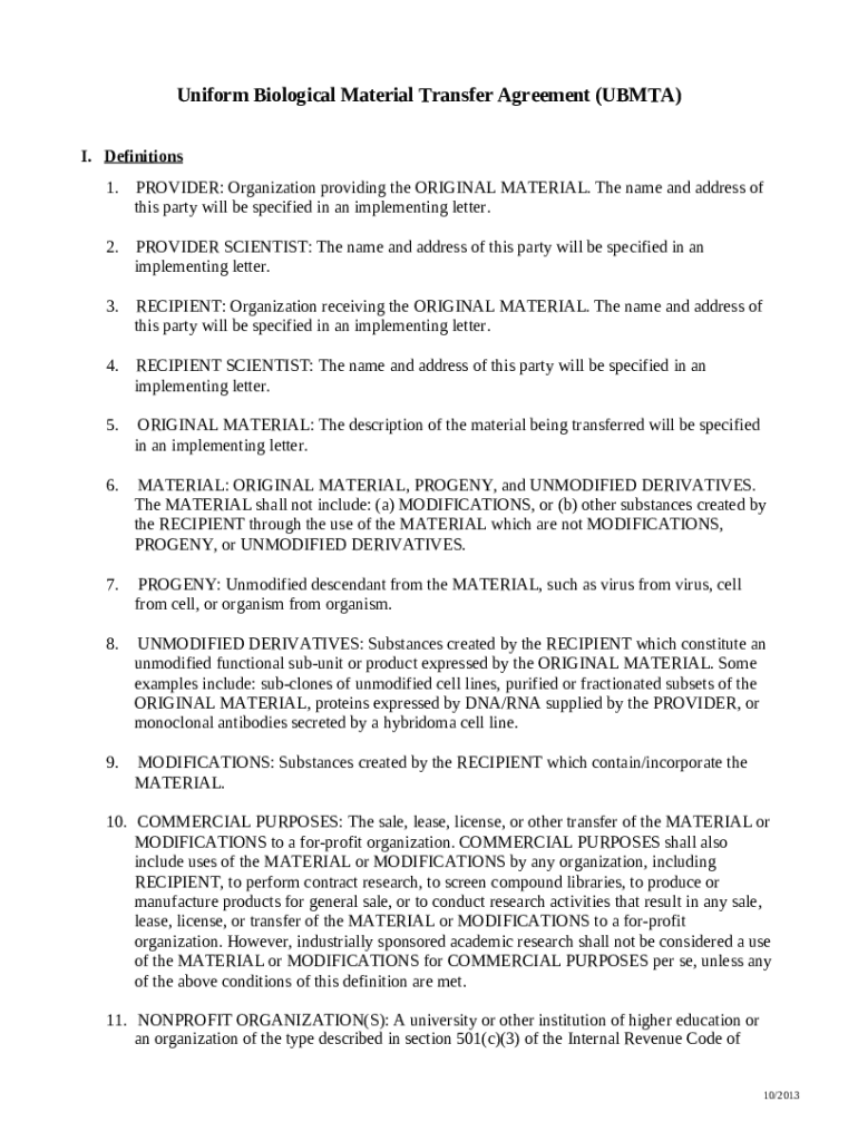 THE UNI BIOLOGICAL MATERIAL TRANSFER AGREEMENT Definitions Doc Template ...