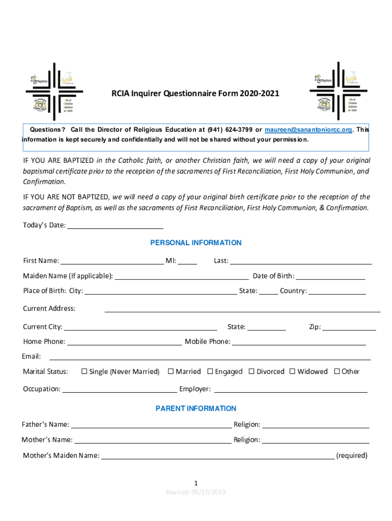 Fillable Online RCIA Adult Inquirer Information Form remake Fax Email ...