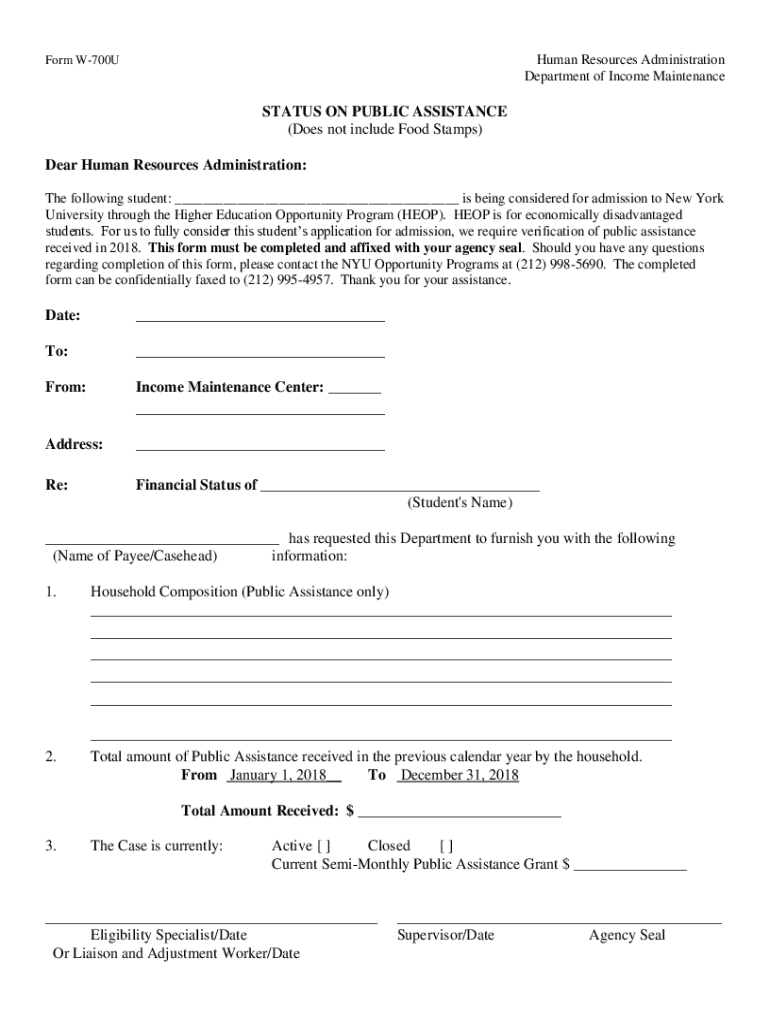 Fillable Online STATUS ON PUBLIC ASSISTANCE Dear Human Resources ...