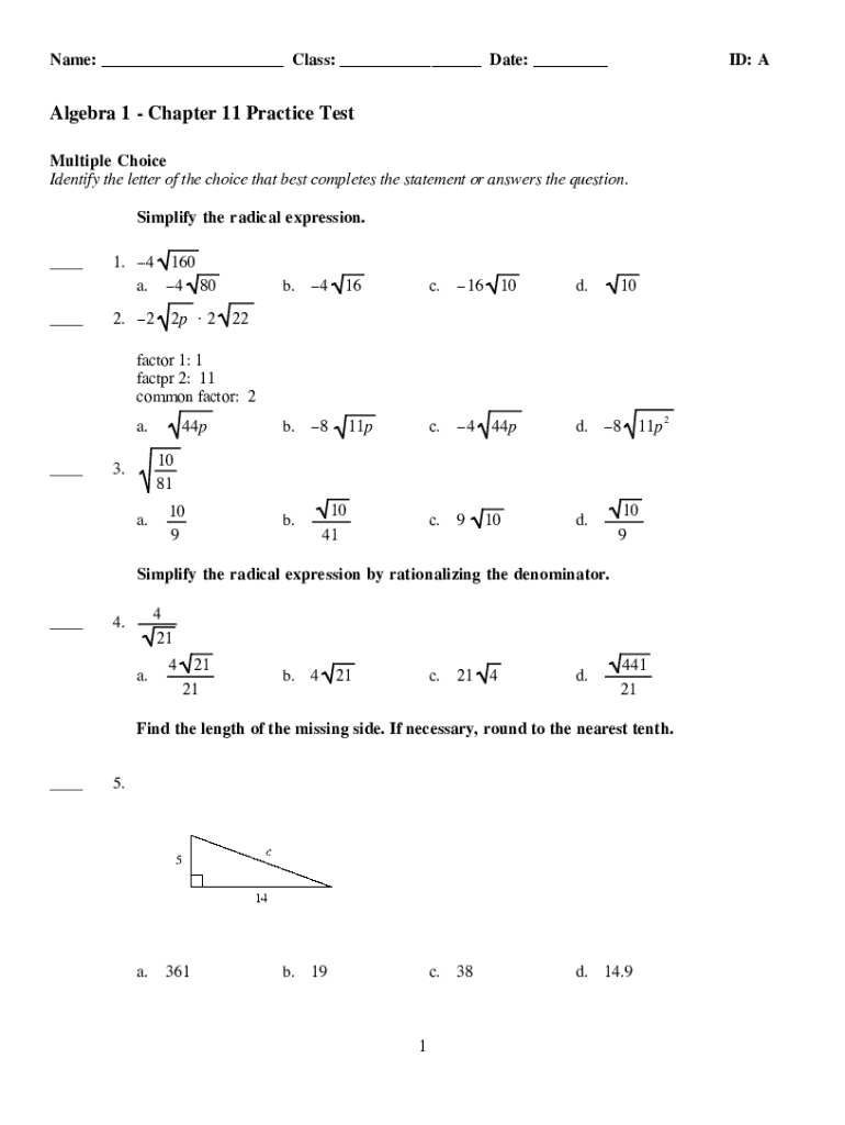 Fillable Online Algebra 1 - Chapter 11 Practice Test Fax Email Print ...