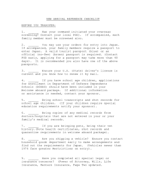 Fillable Online NEW ARRIVAL REFERENCE CHECKLIST BEFORE YOU Fax Email ...