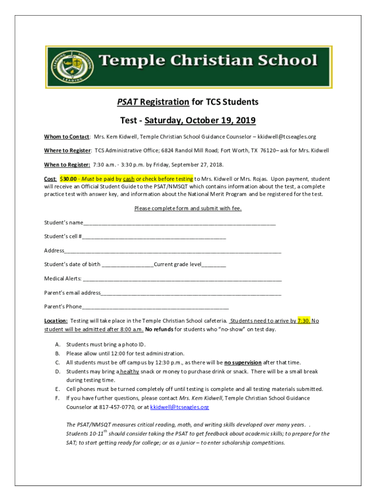 Fillable Online PSAT Registration for TCS Students Test - Temple ...