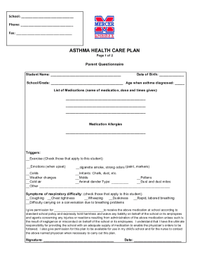 Fillable Online Asthma Medication Authorization and Asthma Action Plan Fax Email Print - pdfFiller