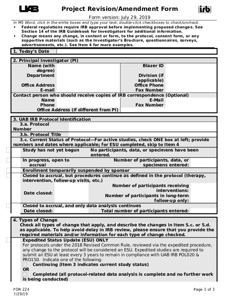 Project Revision/Amendment (FOR224) Doc Template | pdfFiller